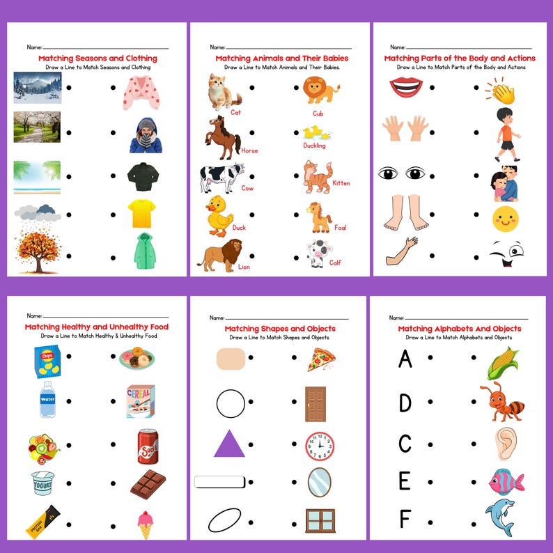 Preschool Matching Worksheet: 20 Kids Activity Pages (printable) - Etsy