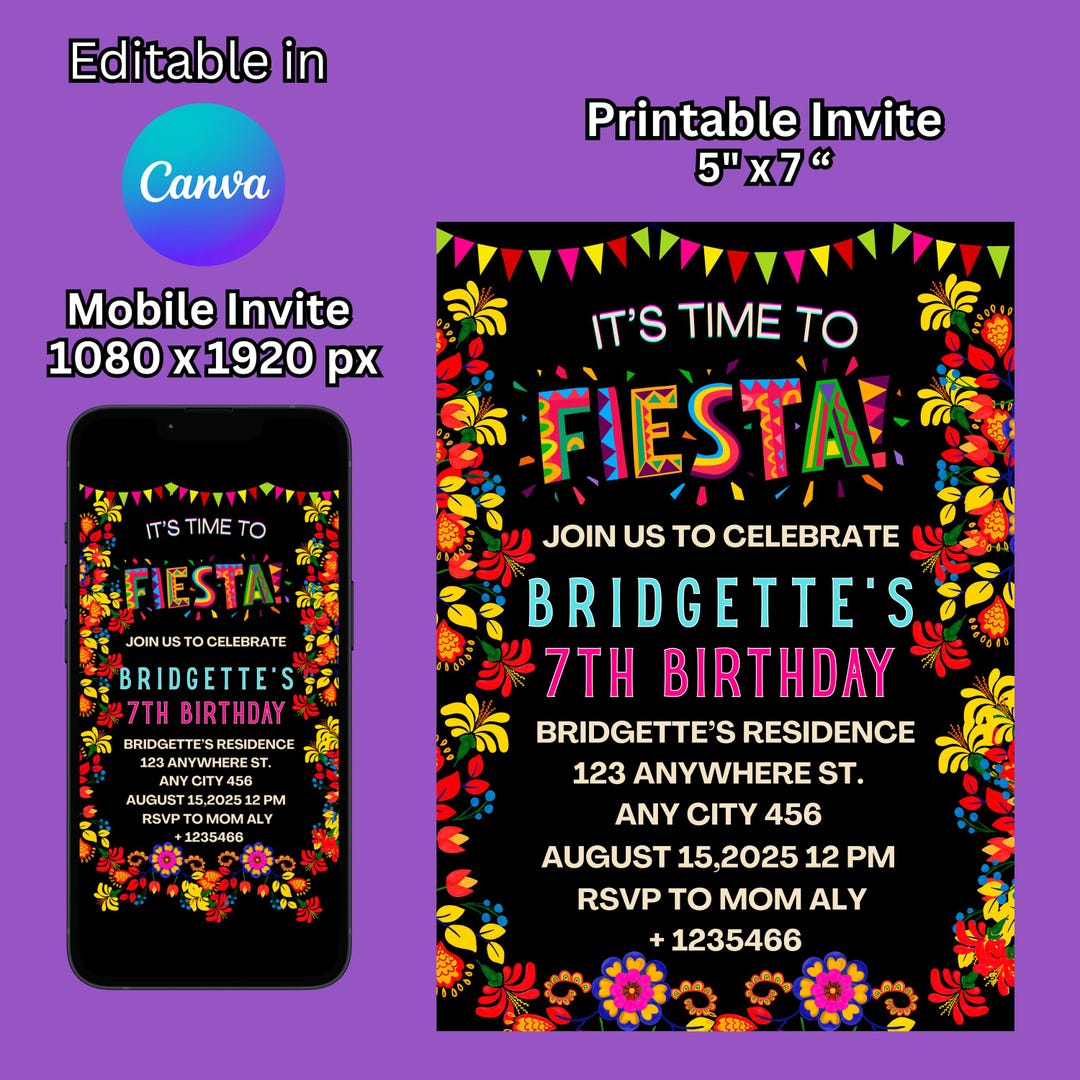 Colorful Fiesta Birthday Invitation Editable Canva Template Mexican ...