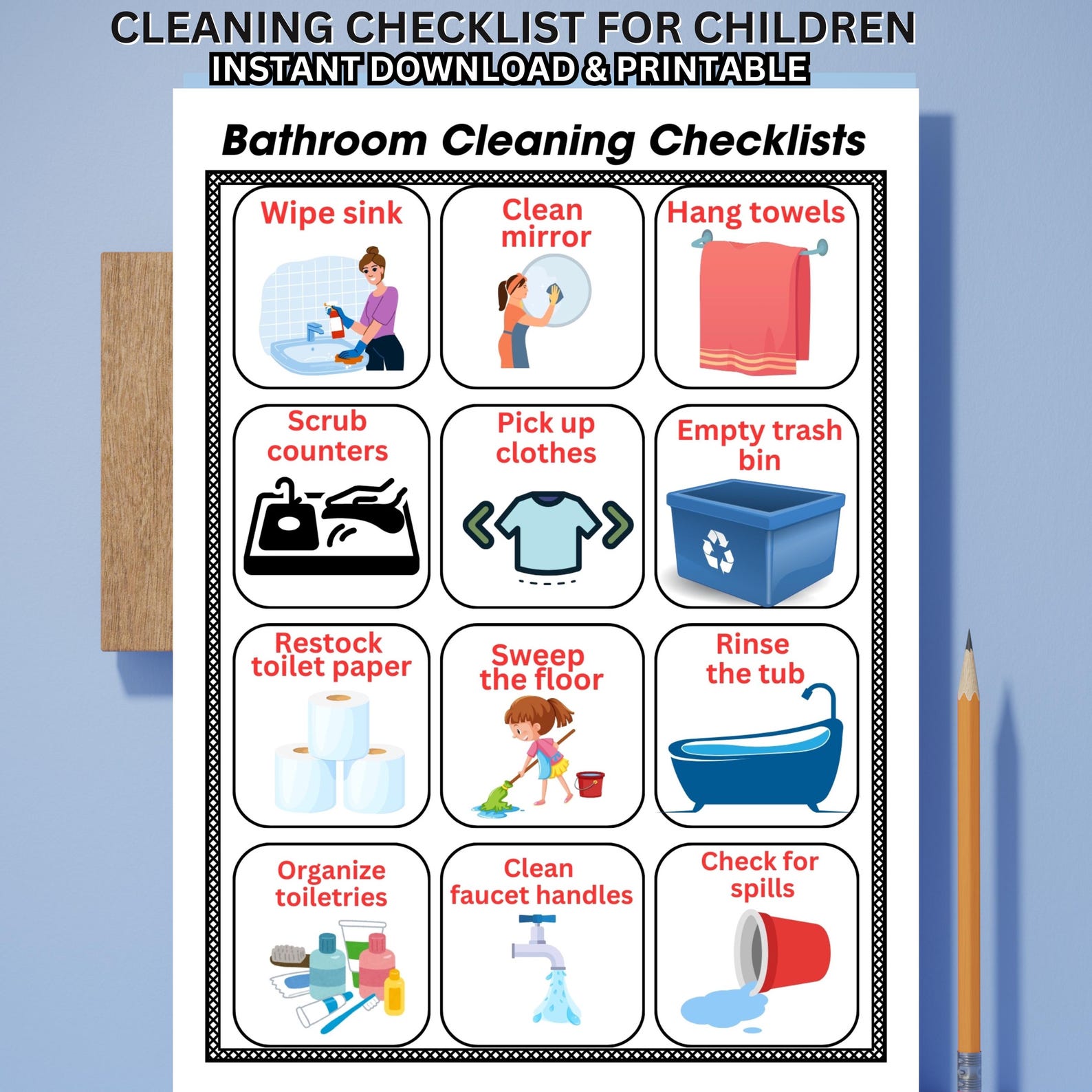 Kid Cleaning Checklist, Child Cleaning Routine, Kids Daily & Weekly ...