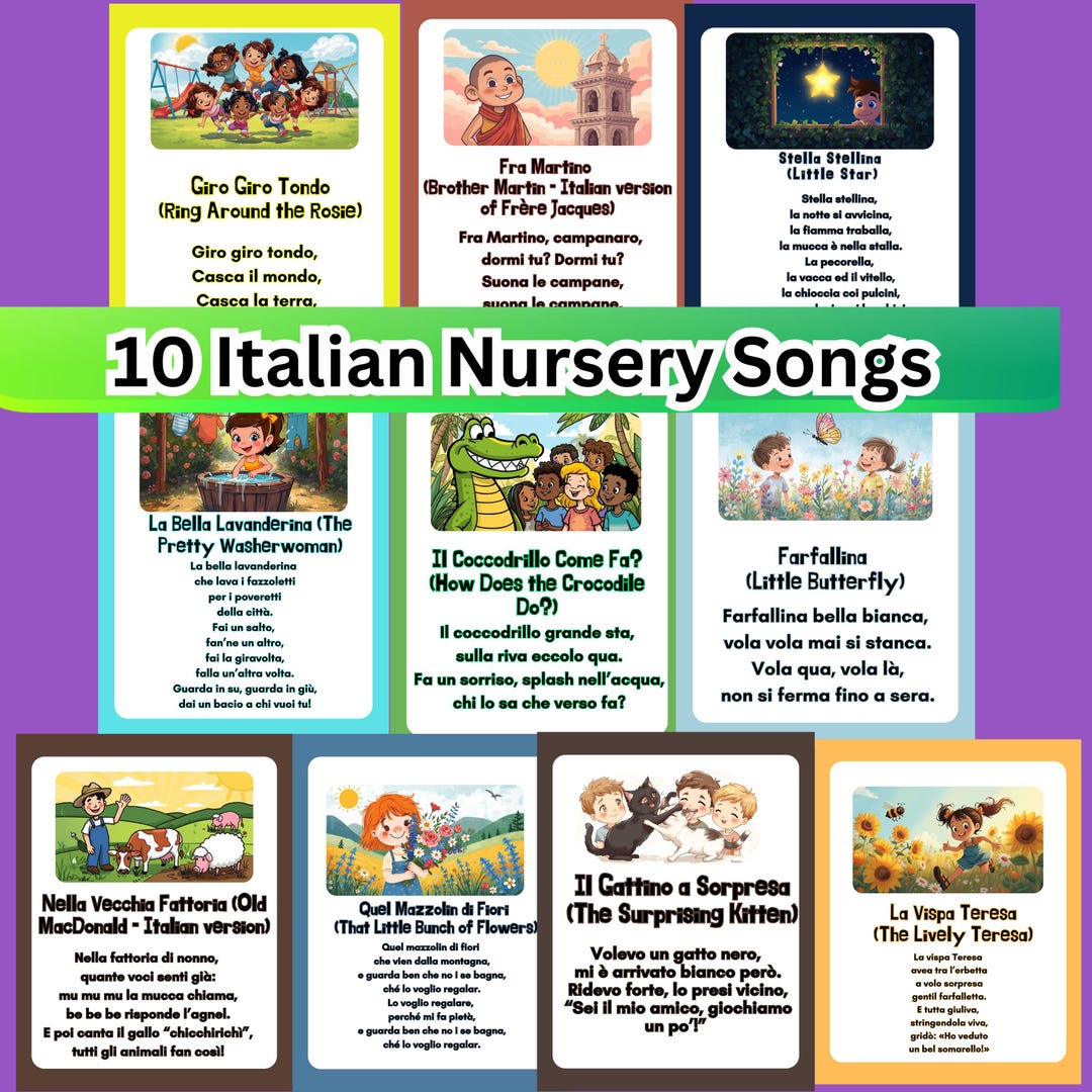 Italian Nursery Rhymes: Bilingual Kids Song Lyrics & Flashcards (PDF ...
