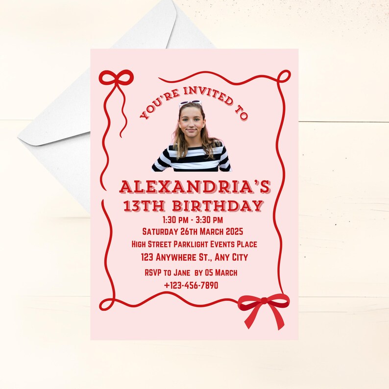 13th Birthday Party Invitation Bow Party Invite Editable in Canva ...