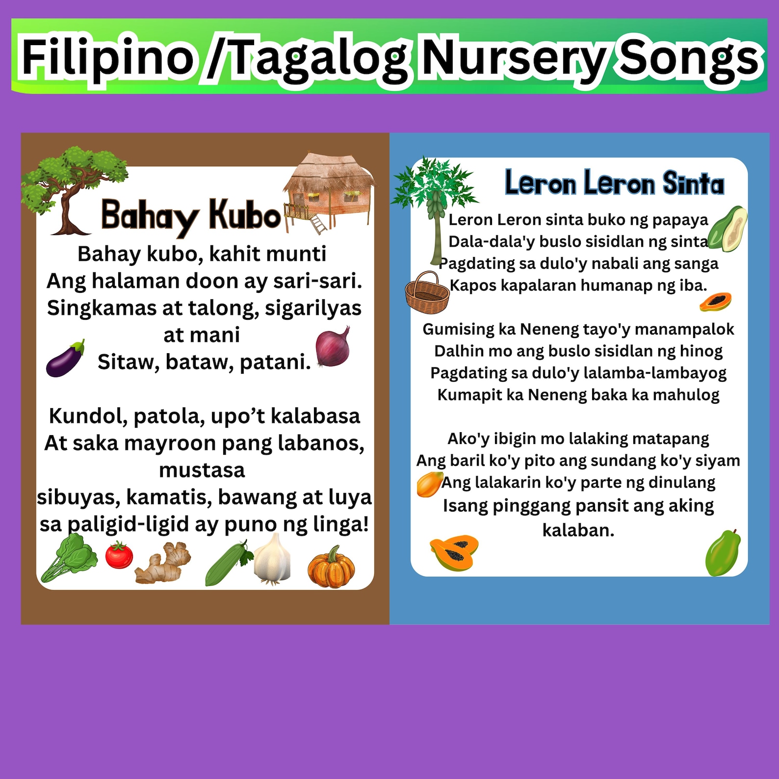 Filipino Nursery Songs Print: Tagalog Language Learning (digital ...