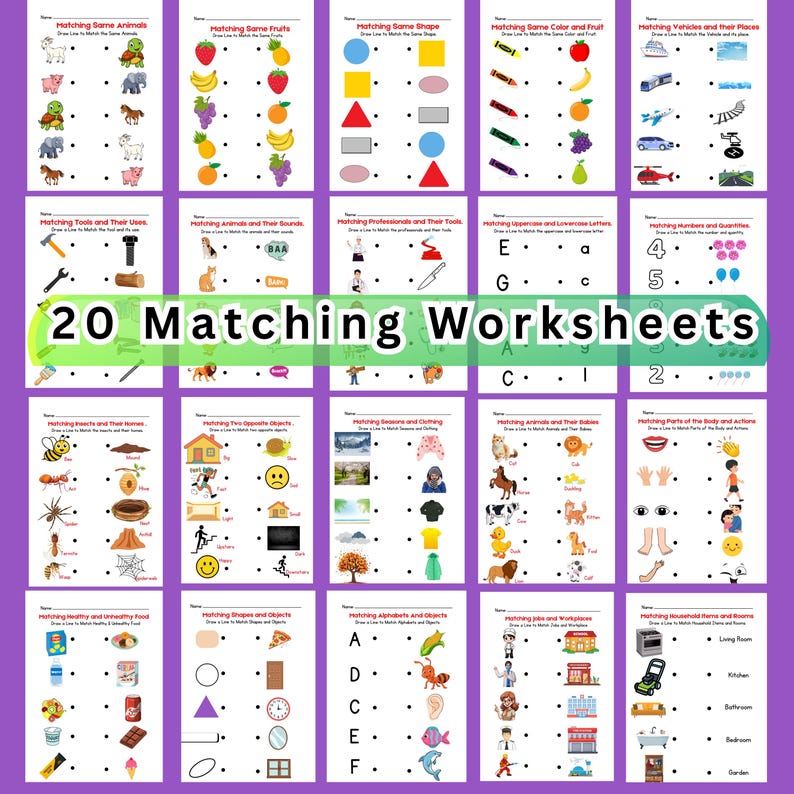 Preschool Matching Worksheet: 20 Kids Activity Pages (printable) - Etsy