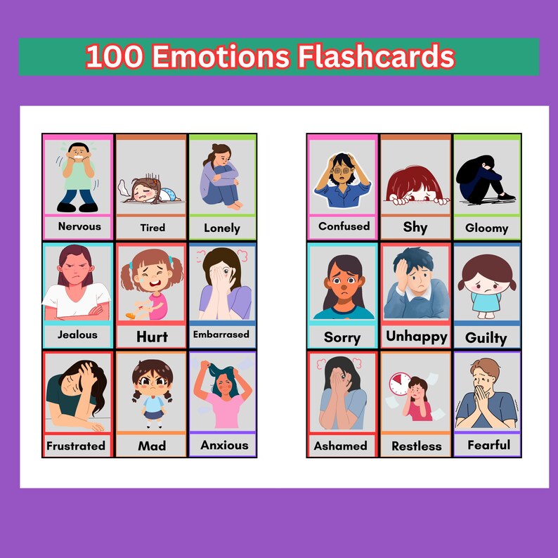 100 Emotions Flashcards: Printable Educational Tool (PDF) - Etsy