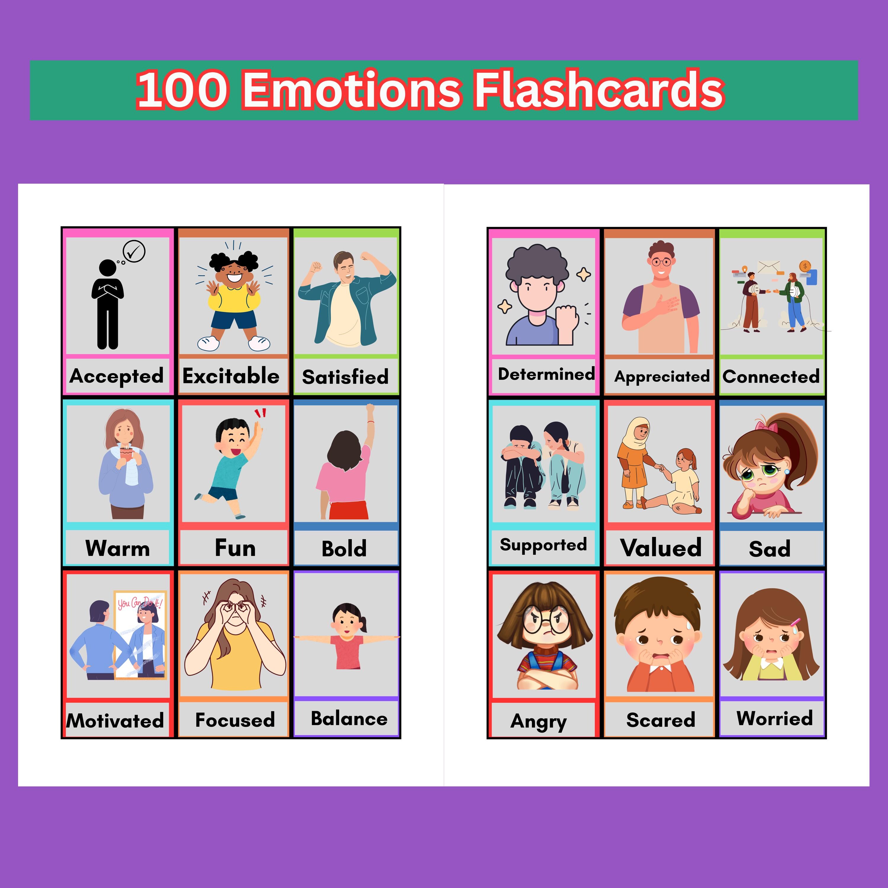 100 Emotions Flashcards: Printable Educational Tool (PDF) - Etsy