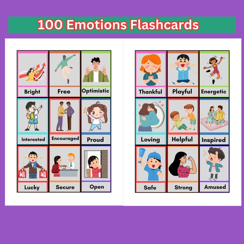 100 Emotions Flashcards: Printable Educational Tool (PDF) - Etsy