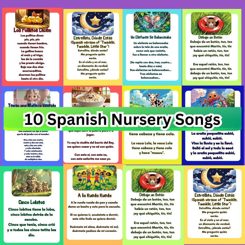 Spanish Nursery Rhymes Poster Set, Bilingual Kids Songs (PDF Download ...