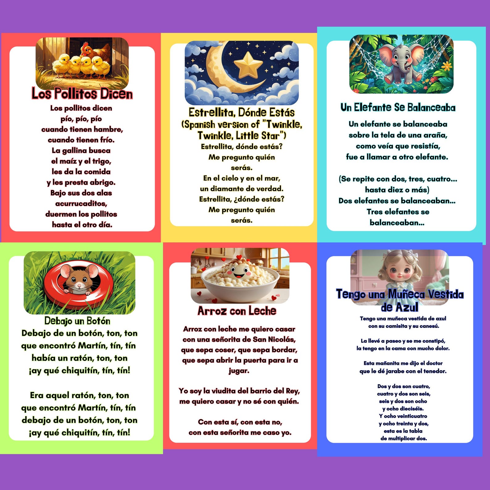 Spanish Nursery Rhymes Poster Set, Bilingual Kids Songs (PDF Download ...