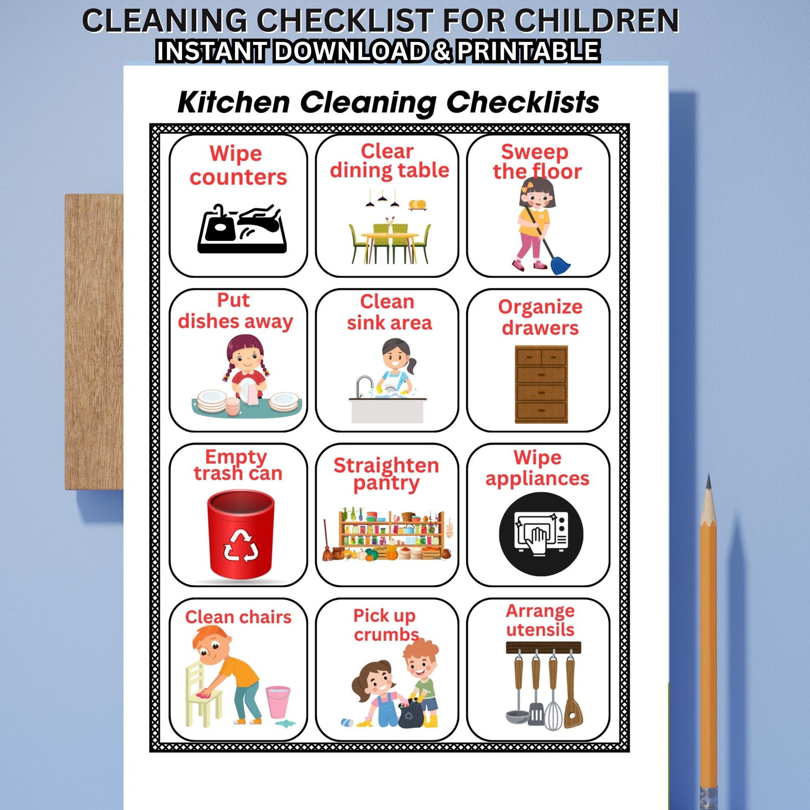 Kids Cleaning Checklist Printable, Child Chore Chart PDF, Daily ...