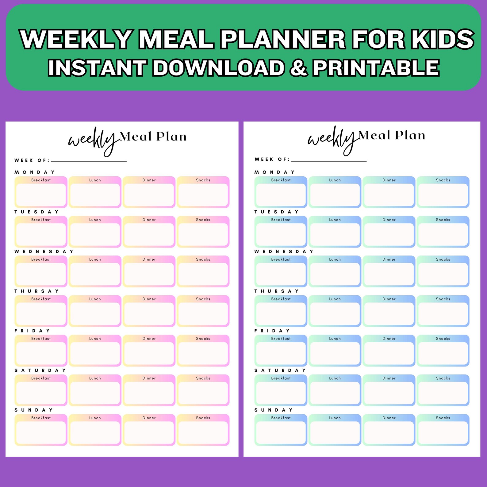 Meal Planner Printable Meal Plan Template Weekly Meal Plan for Kid ...