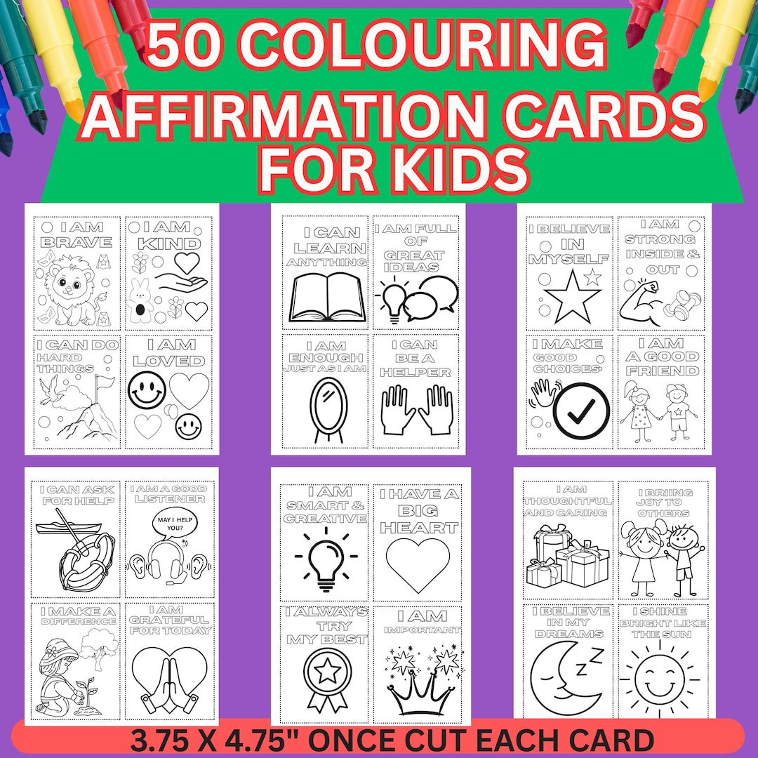 50 Kids Affirmation Cards Printable, Coloring Positive Cards for Kids ...
