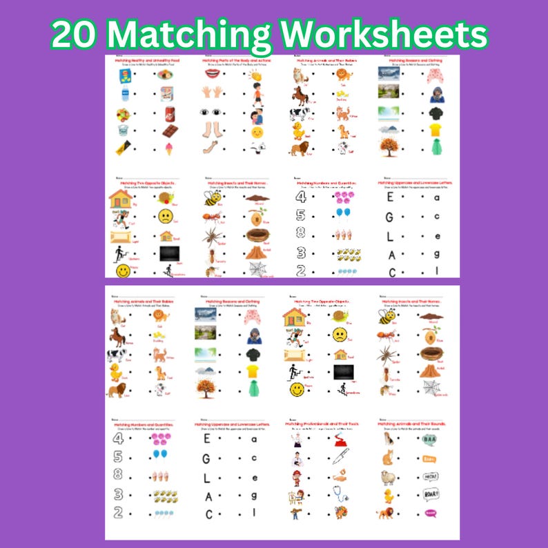 Preschool Matching Worksheet: 20 Kids Activity Pages (printable) - Etsy