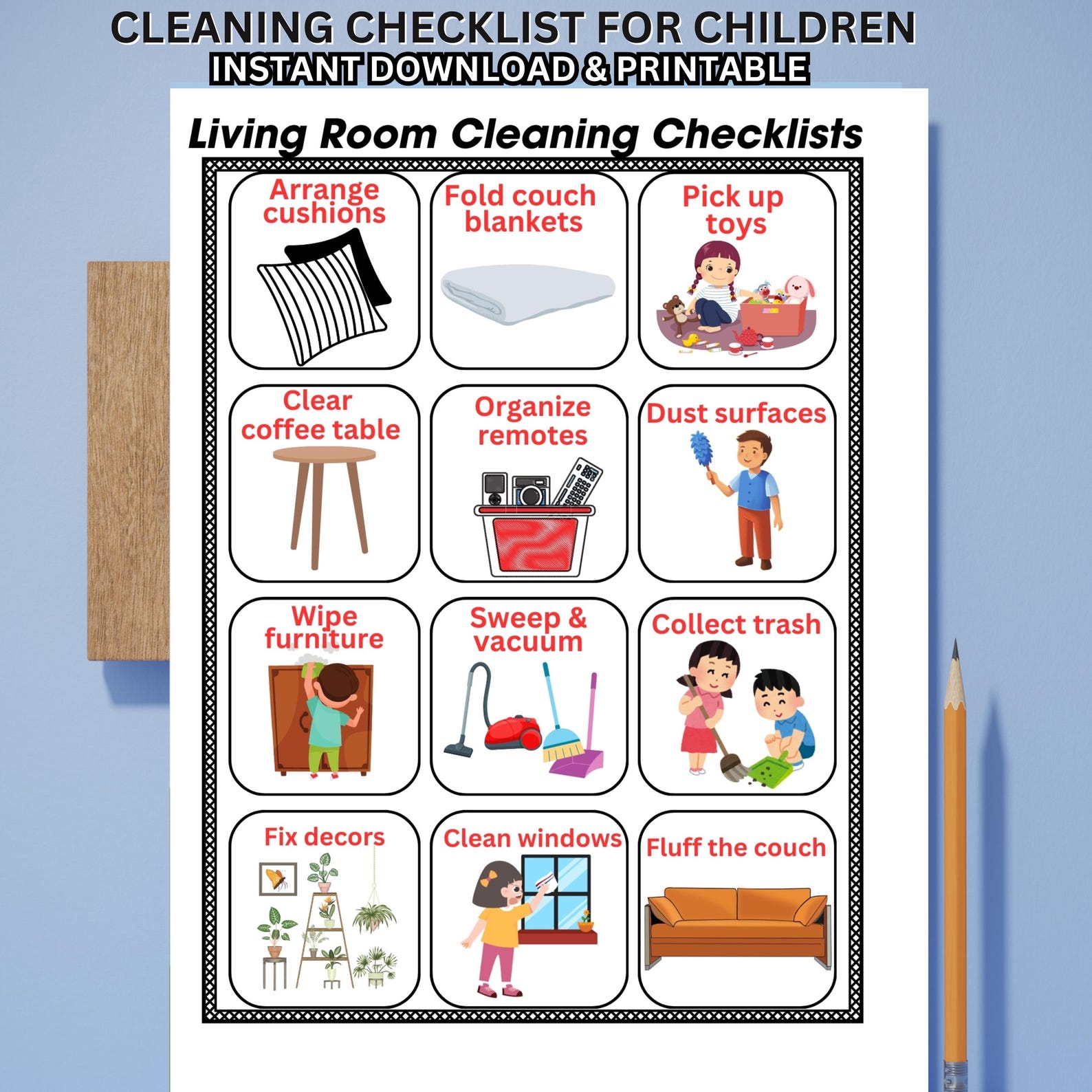 Kid Cleaning Checklist, Child Cleaning Routine, Kids Daily & Weekly ...