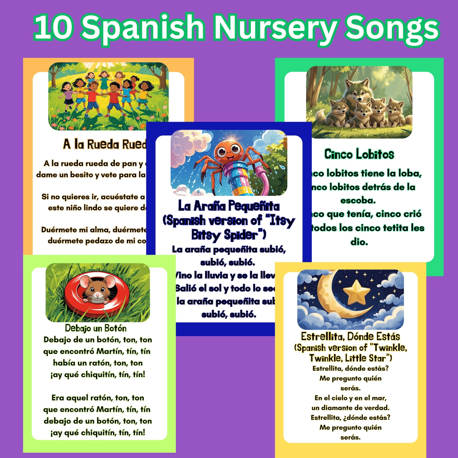 Spanish Nursery Rhymes Poster Set, Bilingual Kids Songs (PDF Download ...