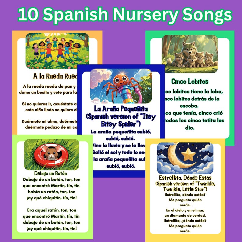 Spanish Nursery Rhymes Poster Set, Bilingual Kids Songs (PDF Download ...