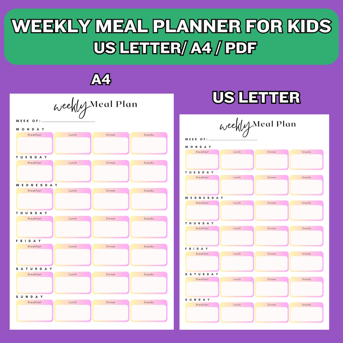 Meal Planner Printable Meal Plan Template Weekly Meal Plan for Kid ...