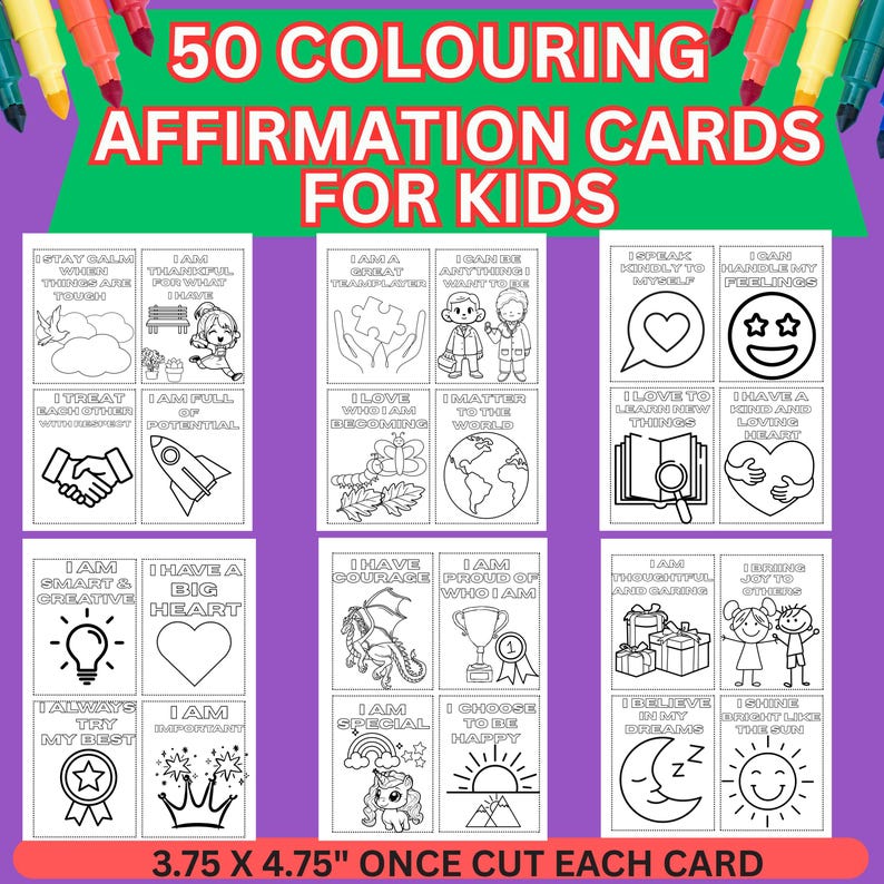 50 Kids Affirmation Cards Printable, Coloring Positive Cards for Kids ...
