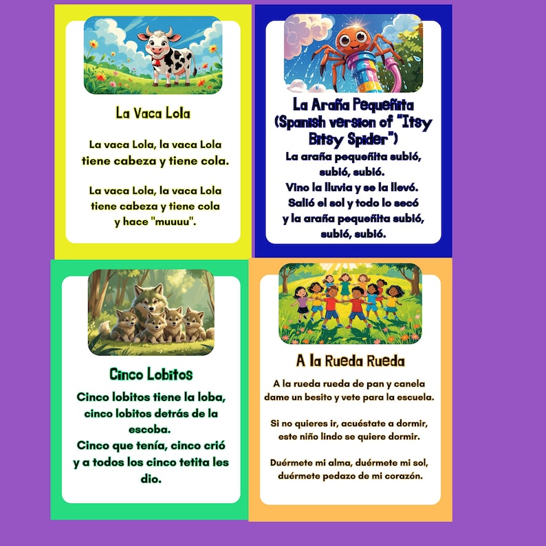 Spanish Nursery Rhymes Poster Set, Bilingual Kids Songs (PDF Download ...