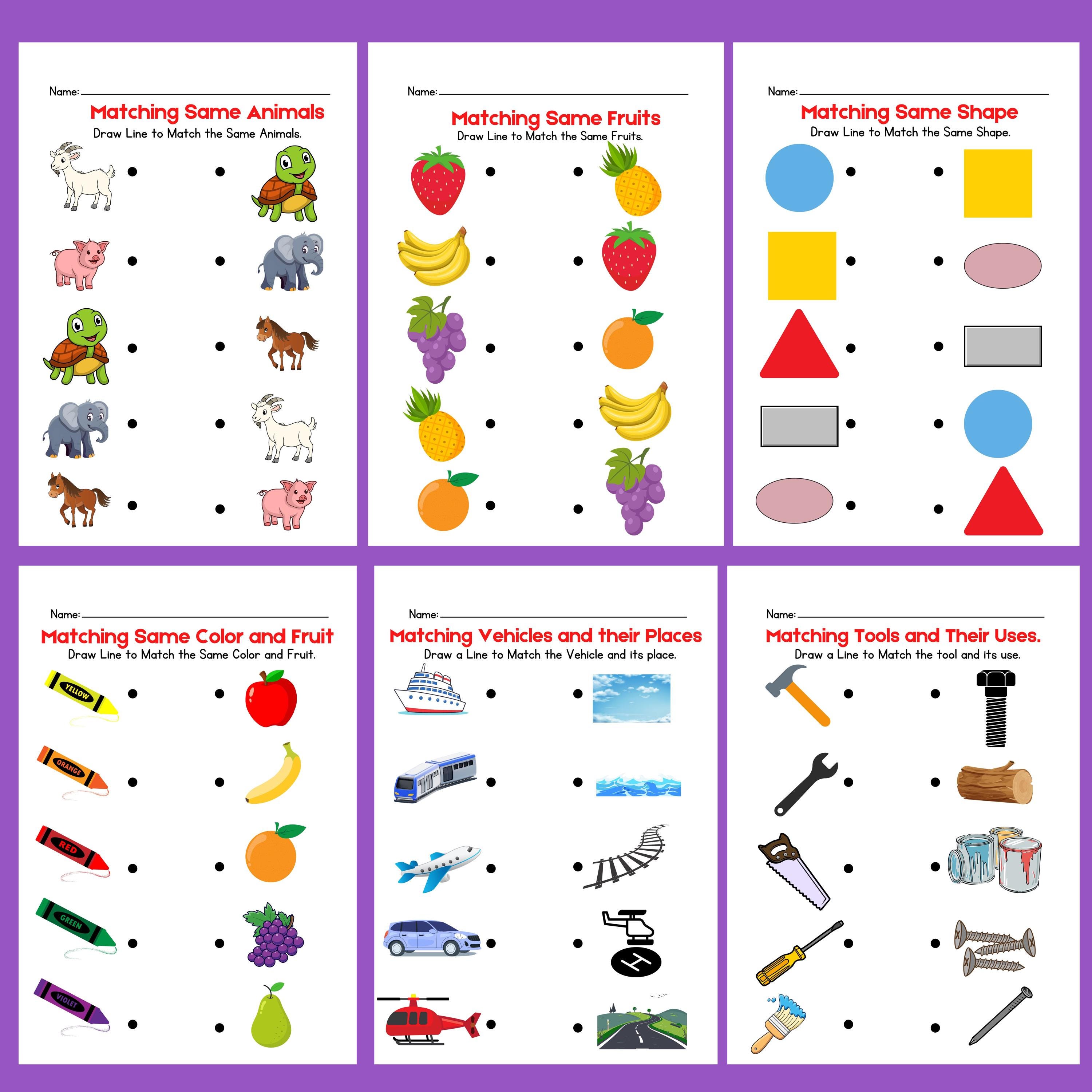 Preschool Matching Worksheet: 20 Kids Activity Pages (printable) - Etsy