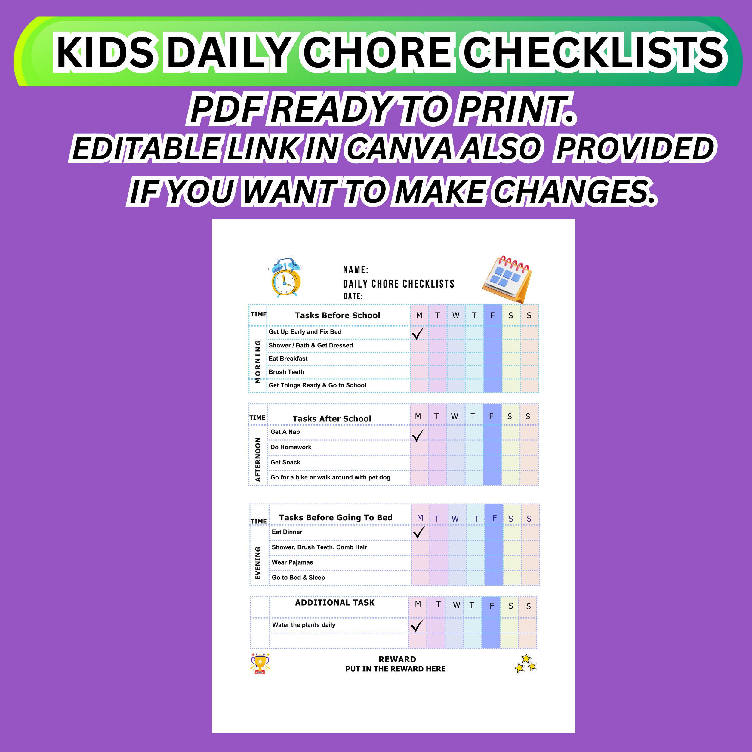 Kids Daily Chore Checklist: Printable, Editable Template (A4 Digital ...