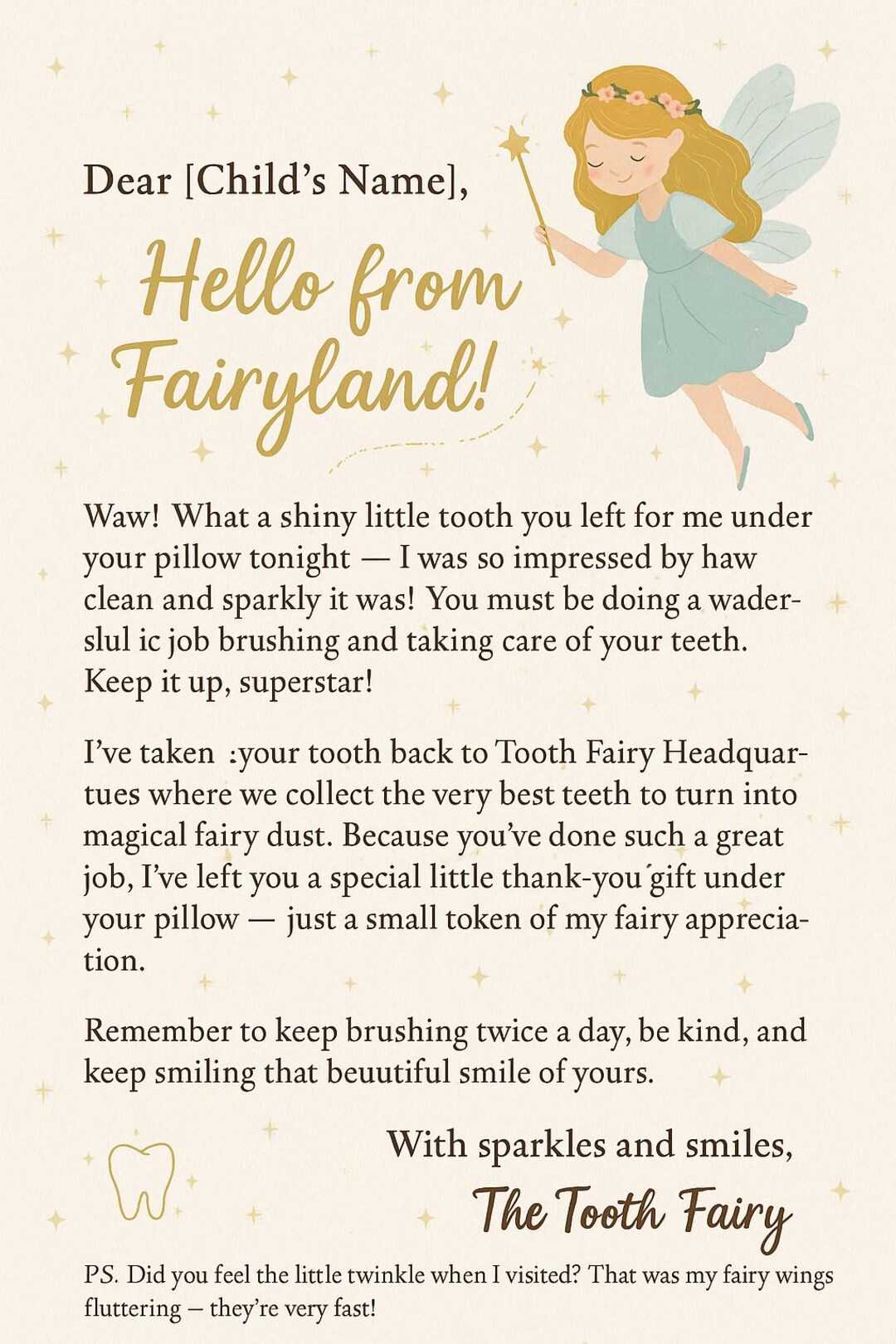 Magical Tooth Fairy Letter – Printable PDF | Personalised Fairy Note ...
