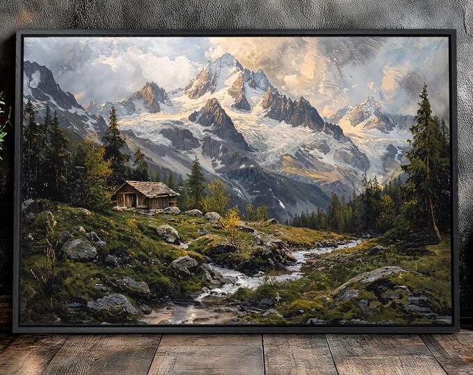 Mountain Snowy Peaks Framed Canvas Wall Art Alpine Scenery Painting ...