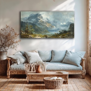 Mountain Landscape Framed Canvas Wall Art Snow Capped Peaks Painting ...