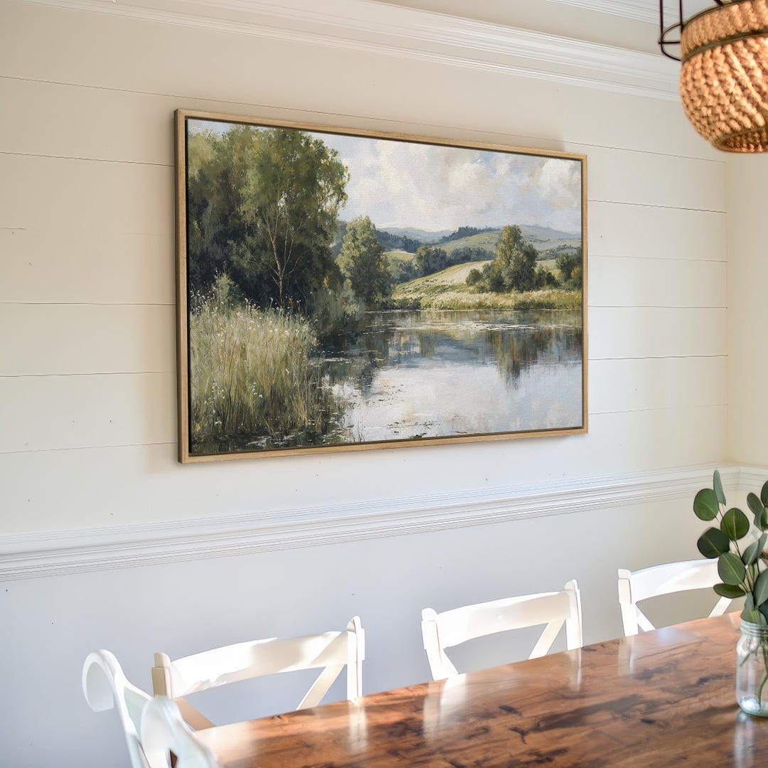 Serene Landscape Framed Canvas Print - Rustic Nature Scene, Green Home ...
