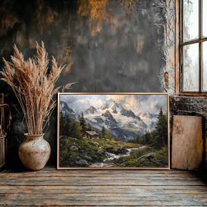 Mountain Snowy Peaks Framed Canvas Wall Art Alpine Scenery Painting ...