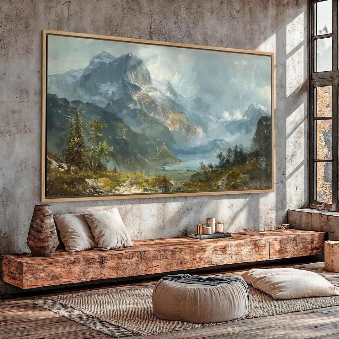 Mountain Landscape Framed Canvas Wall Art Snow Capped Peaks Painting ...