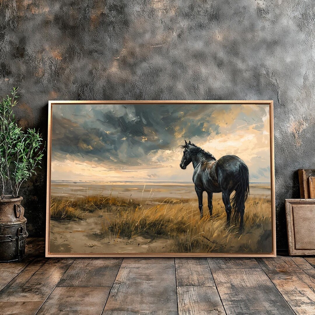 Noble Black Horse Framed Canvas Wall Art Beauty Rural Landscape ...