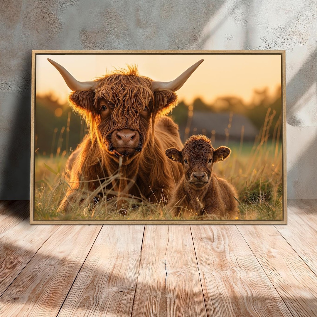 Cute Highland Cow Framed Canvas Wall Art Horned Cattle Rural Landscape ...