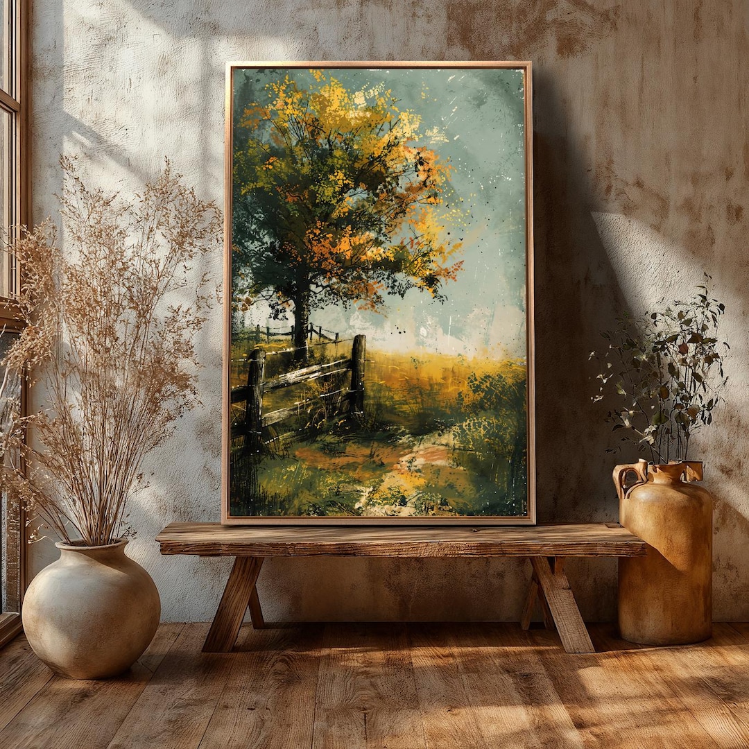 Country Landscape Framed Canvas Wall Art Autumn Tree Rustic Painting ...