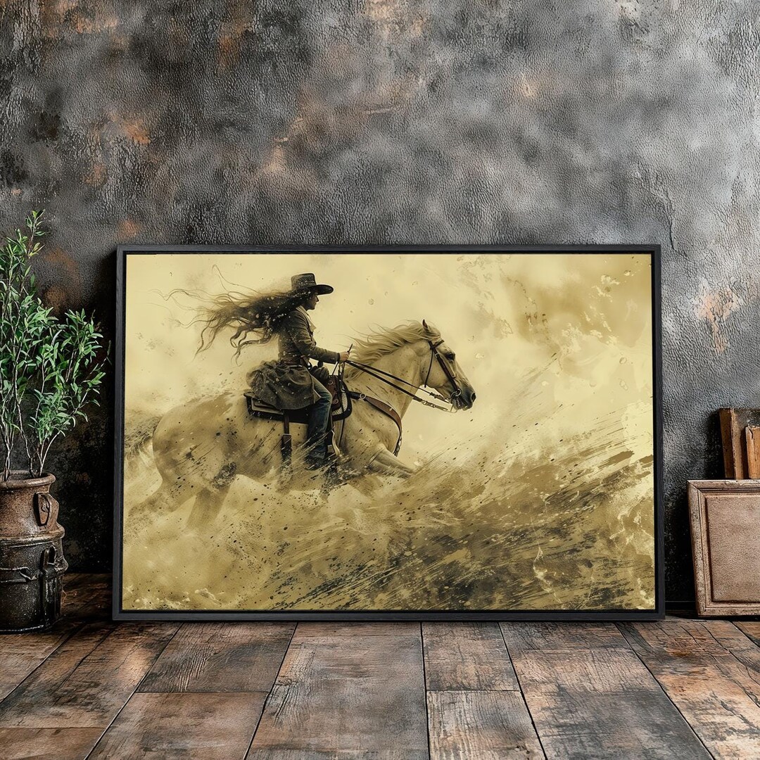 Female Cowgirl Rider Framed Canvas Wall Art Horse Reins Painting Print ...