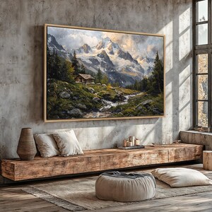 Mountain Snowy Peaks Framed Canvas Wall Art Alpine Scenery Painting ...