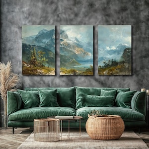 Mountain Landscape Framed Canvas Wall Art Snow Capped Peaks Painting ...