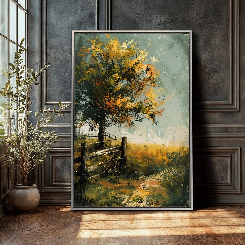 Country Landscape Framed Canvas Wall Art Autumn Tree Rustic Painting ...