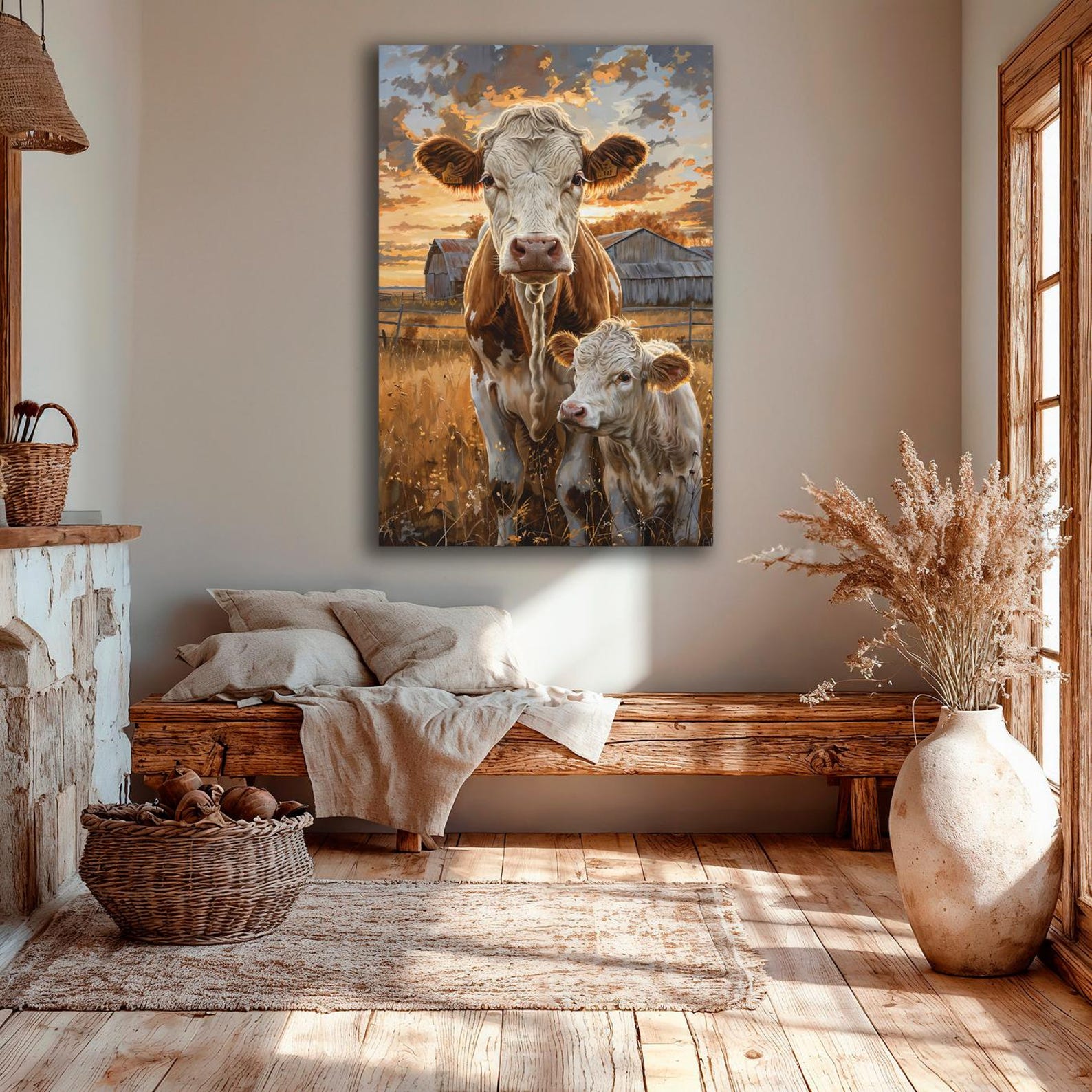 Rustic Farm Life Scene Framed Canvas Wall Art Cow and Calf Grazing in a ...