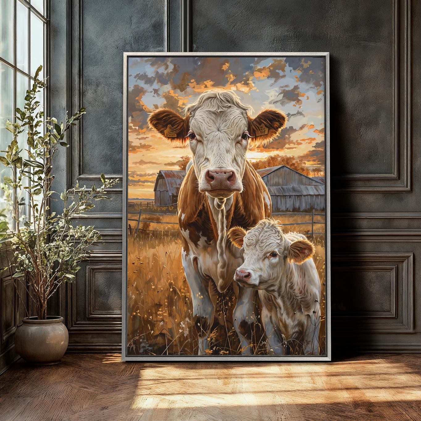 Rustic Farm Life Scene Framed Canvas Wall Art Cow and Calf Grazing in a ...