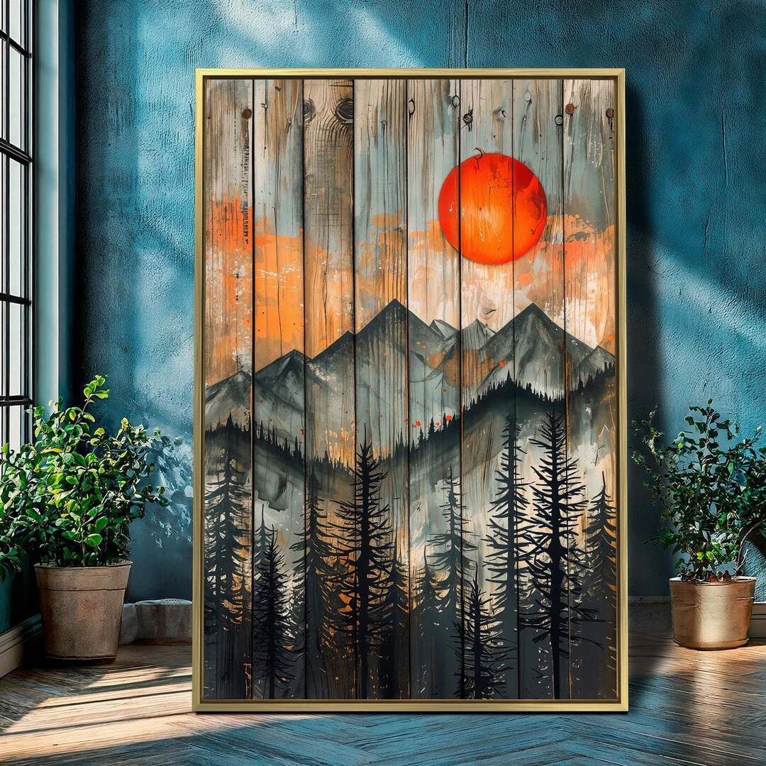 Mountain Range Framed Canvas Wall Art Vibrant Sunset and Forest ...