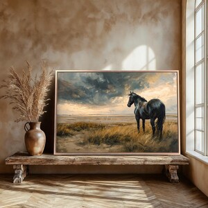 Noble Black Horse Framed Canvas Wall Art Beauty Rural Landscape ...
