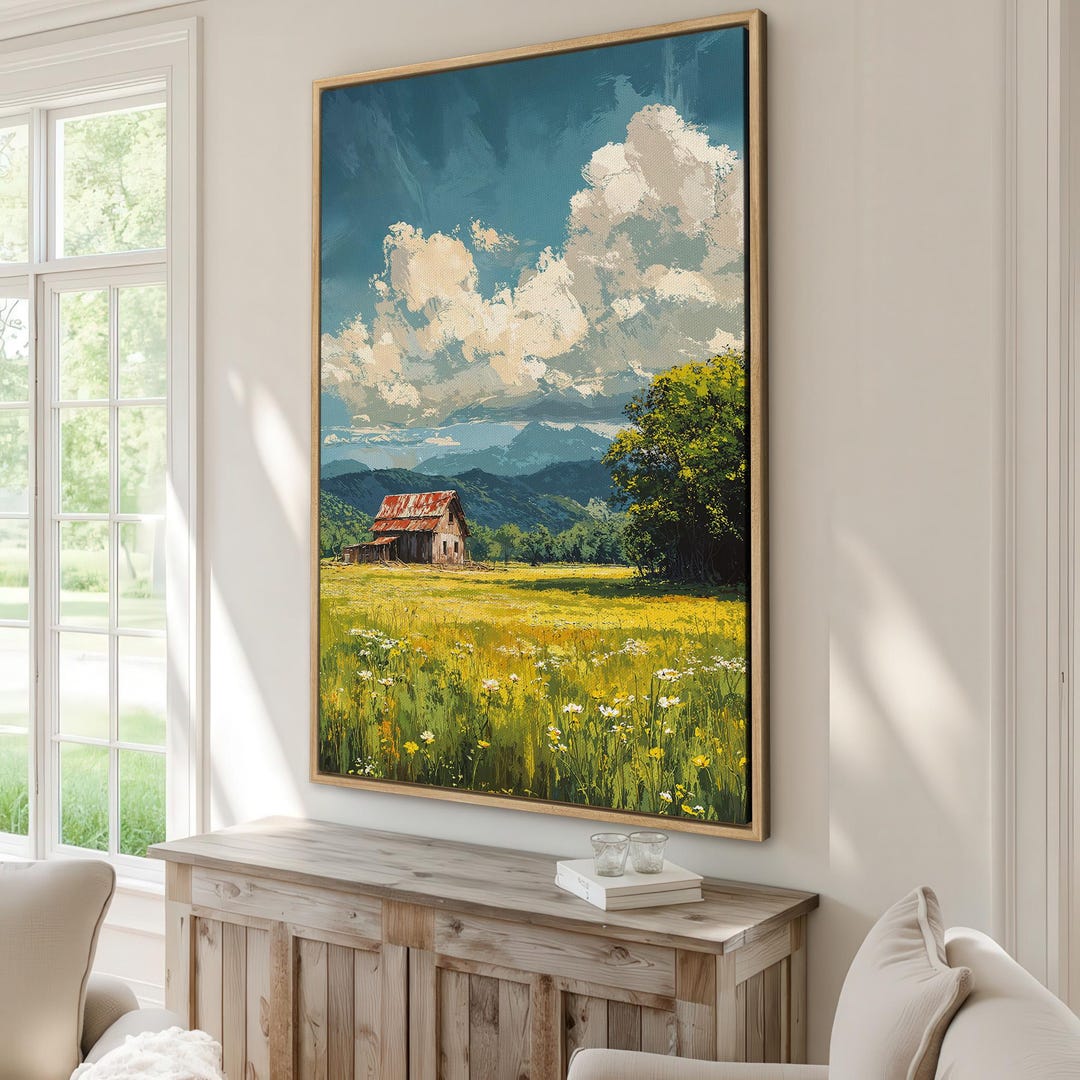 Serene Rustic Framed Canvas Print - Country Landscape Wall Art, Barn ...