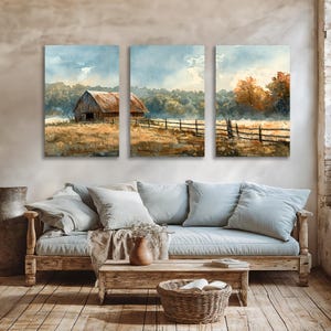 Country Barn in Field Framed Canvas Wall Art Rustic Autumn Landscape ...