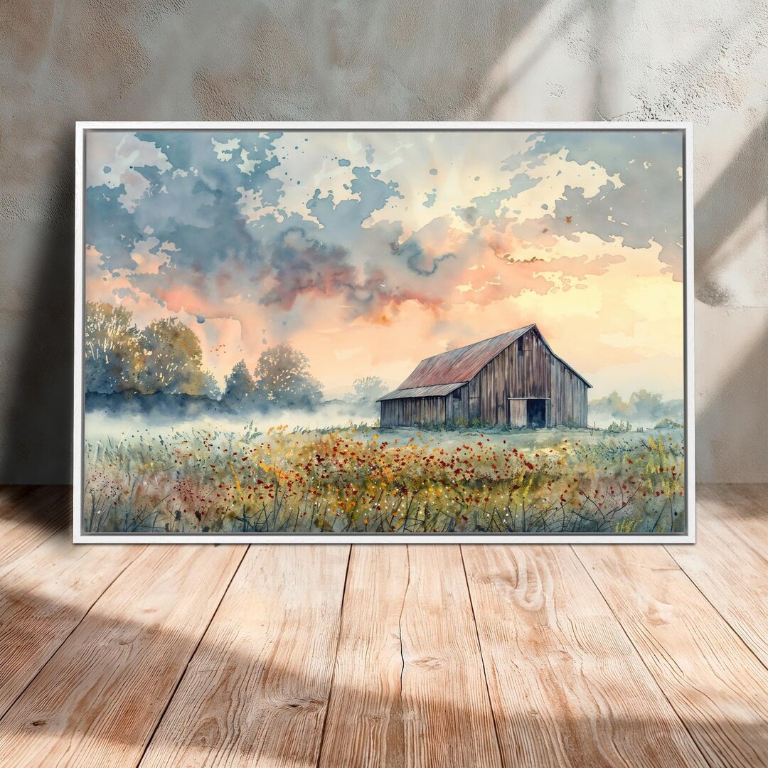 Scenic Rural Barn Framed Canvas Wall Art Abstract Countryside Meadow ...
