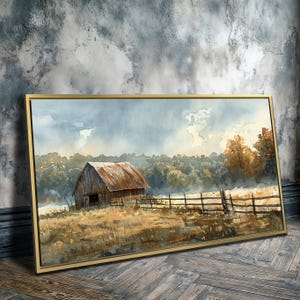 Country Barn in Field Framed Canvas Wall Art Rustic Autumn Landscape ...