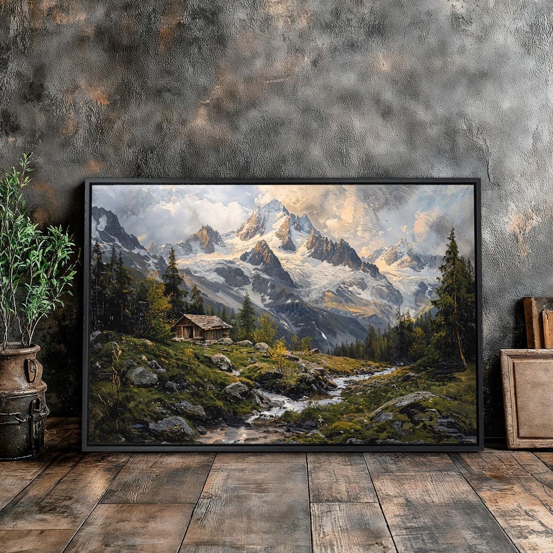 Mountain Snowy Peaks Framed Canvas Wall Art Alpine Scenery Painting ...