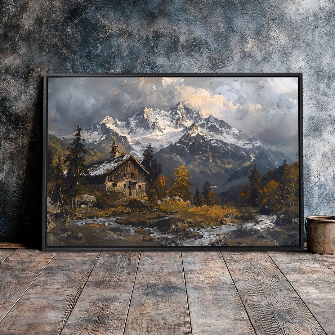 Cabin in the Woods Framed Canvas Wall Art Mountain Landscape Painting ...