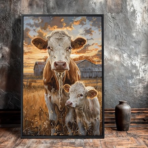 Rustic Farm Life Scene Framed Canvas Wall Art Cow and Calf Grazing in a ...
