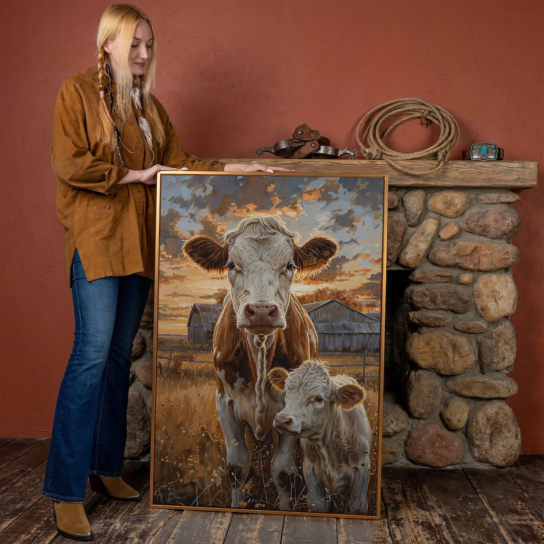 Rustic Farm Life Scene Framed Canvas Wall Art Cow and Calf Grazing in a ...