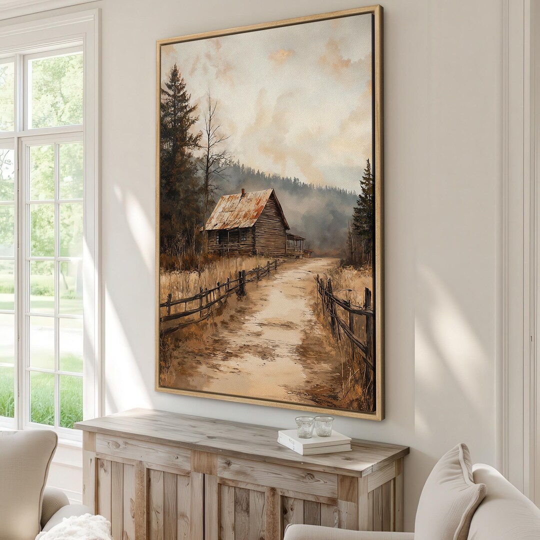 Rustic Cabin Framed Canvas Print, Fall Landscape Painting, Country ...